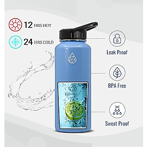 HYDRO H2O 37 oz Insulated Water Bottles with Twist Cap, Stainless Steel Water Bottle, Leak Proof Metal Water Bottle, Resuable Thermos BPA Free Flask, Light Blue