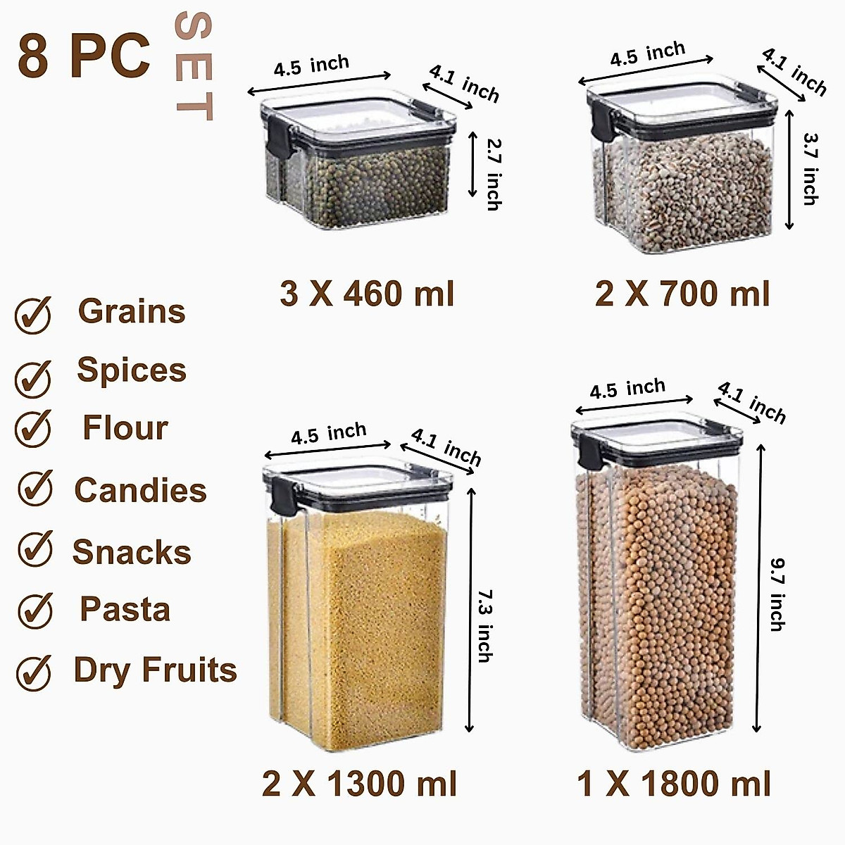 Moksha LifeStyle Airtight food storage containers, kitchen canisters for kitchen counter, pantry organizers and storage, kitchen organizers and storage- 8Pc