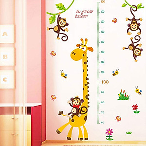 Height Growth Chart Wall Sticker Self-Adhesive Children Living Baby Room Decoration Animals Cartoon Wall Stickers Kids Measuring Ruler Height Decals Removable Nursery Bedroom Wallpaper