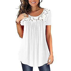 BeadChica Women's Casual Tunic Tops To Wear With Leggings Short Sleeve Flare Summer Loose TShirts Flowy Lace Blouses-White-L