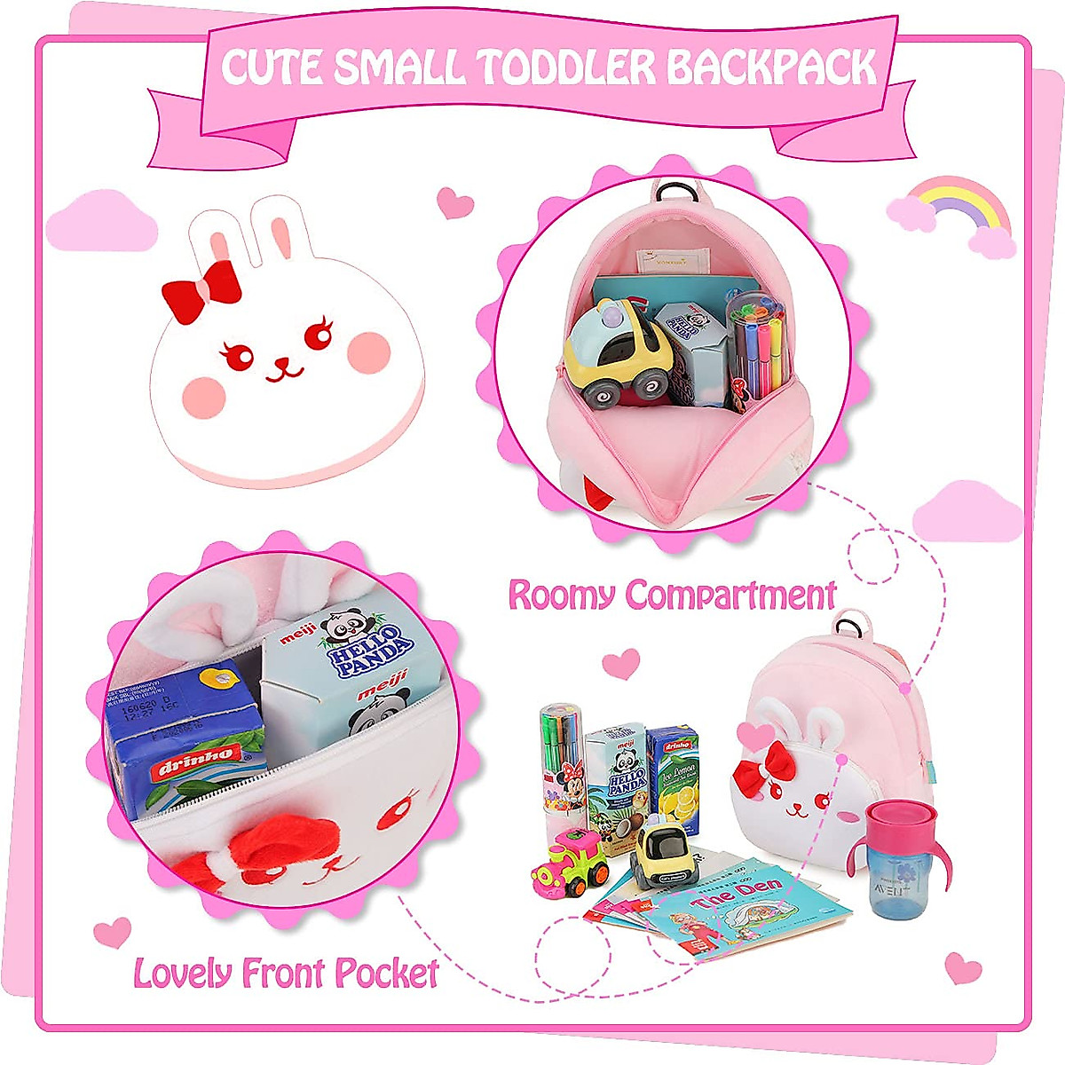 Toddler Backpack,Cute Plush Small Preschool Backpack with Leash Gift for Little Boys Girls Kids with Chest Strap,Pink Bunny VONXURY