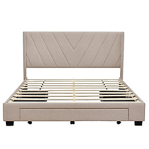 GJHOME Queen Bed Frame with Storage Upholstered Platform Bed Frame with 3 Drawers and Headboard Modern Linen Queen Size Beds with Wooden Slats Support, No Box Spring Box Needed, Beige