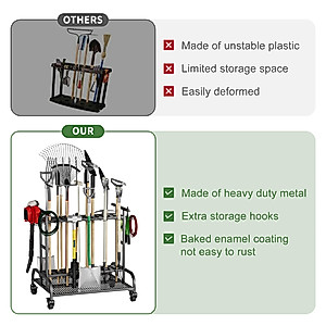 bimiti Garden Tool Organizer Garden Tool Rack Freestanding with Brake Wheels Lawn Tool Organizer for Up to 61 Tools Heavy Duty Steel Outdoor Garden Tool Storage Yard Tool Storage