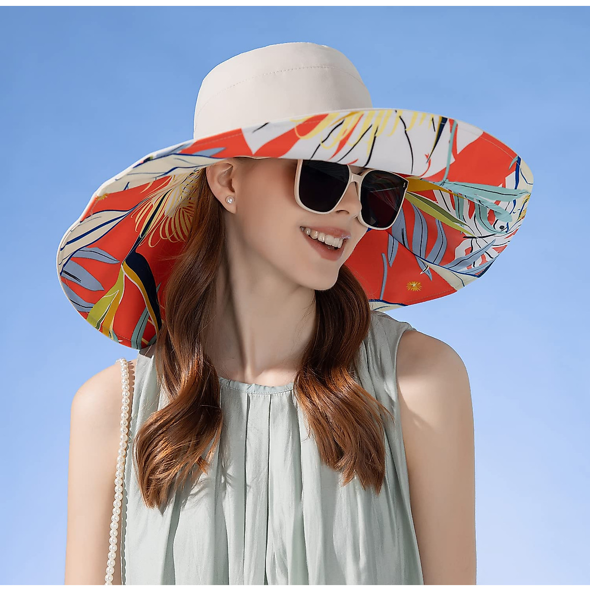 HUAMULAN Women Wide Brim Summer Sun Hat Wired Edge Floral Beach Fishing Bucket Hats Reversible Foldable Travel UV Protection