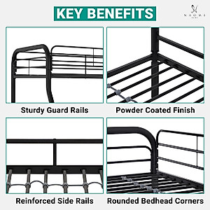 Hollywood Bunk Beds Twin Over Full Size, Heavy Duty Metal Bunk Bed with Safety Guardrails, Angled Ladder, Underbed Storage, 800LBs capacity - for Kids and Teens, Twin over Full Bunk Bed, Black