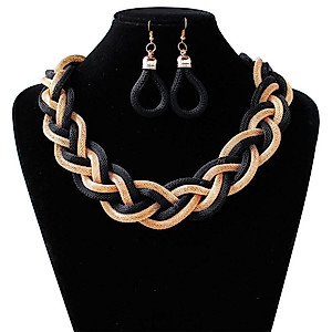 MMonesu Gold Black Statement Necklace, Braided Hollow Cable Large Bib Choker Collar, Chunky Choker National Tribal Necklace Dress Prom Jewelry for Women(BLACK-GOLD)