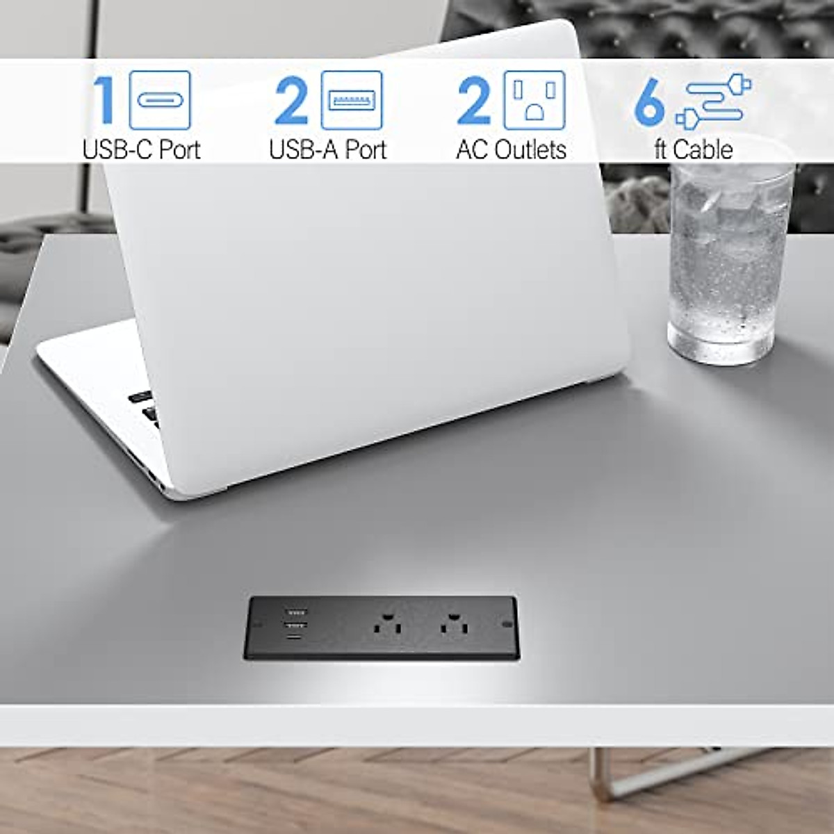 Conference Recessed Power Strip Waterproof, with PD 20W USB C Fast Charging Port,2 Outlets,Furniture Recessed Power Outlet,Desk Power Strip Surge Protector,Drawer Outlet,Flat Plug,6ft Cable (Black)