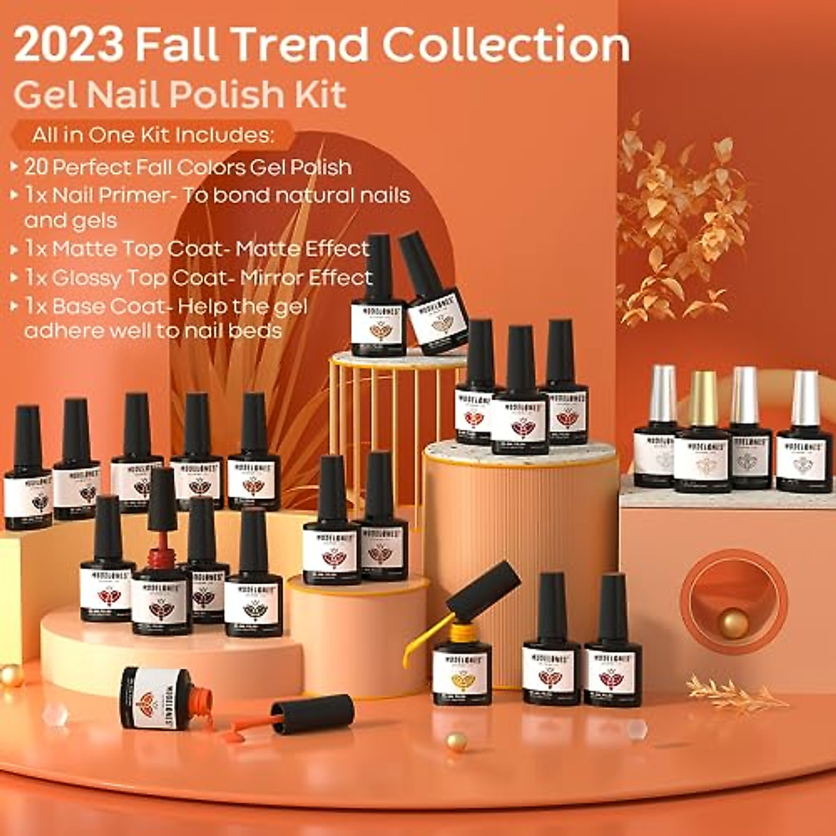modelones 20 Colors Gel Nail Polish Kit- Fall Winter 24 Pcs Gold Orange Gel Polish Set Yellow Brown Soak Off Nail Polish Kit with Bond Primer Glossy& Matte Top Base Coat DIY Nail Art