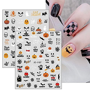 JMEOWIO 9 Sheets Halloween Nail Art Stickers Decals Self-Adhesive Pegatinas Uñas Pink Skull Ghost Witchy Spider Web Pumpkin Spook Nail Supplies Nail Art Design Decoration Accessories