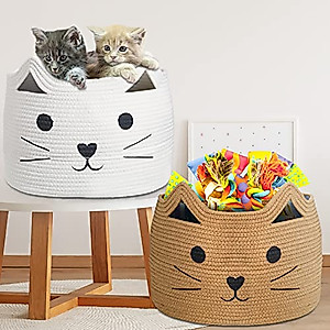 2 Pieces Large Cat Toy Basket Woven Cotton Rope Storage Basket Large Cute Cat Laundry Basket Organizer Animal Design Toy Storage Organizer Baby Hamper Cat Nursery Bins Boxes, White, Brown