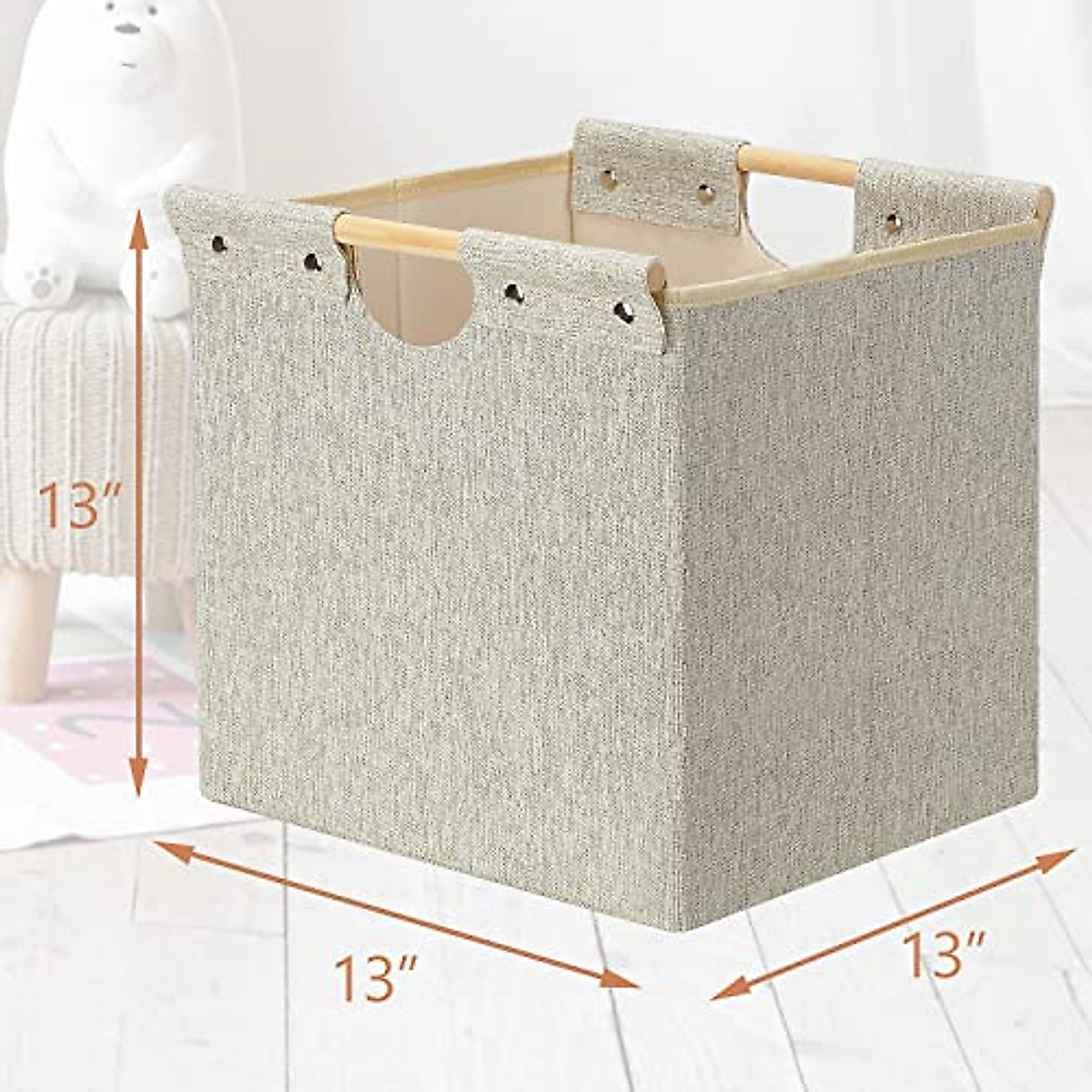 Posprica 13x13in Collapsible Storage Bins, 4 Pack Fabric Foldable Cube Storage Bins with Wooden Carry Handles, Decorative Storage Baskets for Bathroom Organizer, Shelves, Closet, Nursery, Toy -Beige