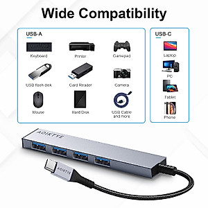 USB C to USB Hub 4 Ports 5Gbps, Aluminum USB C Adapter with 4 USB 3.0 Ports for Mac Mini, MacBook Pro/Air, Samsung S9/S8, iPad Pro, XPS, Dell, Chromebook, and More