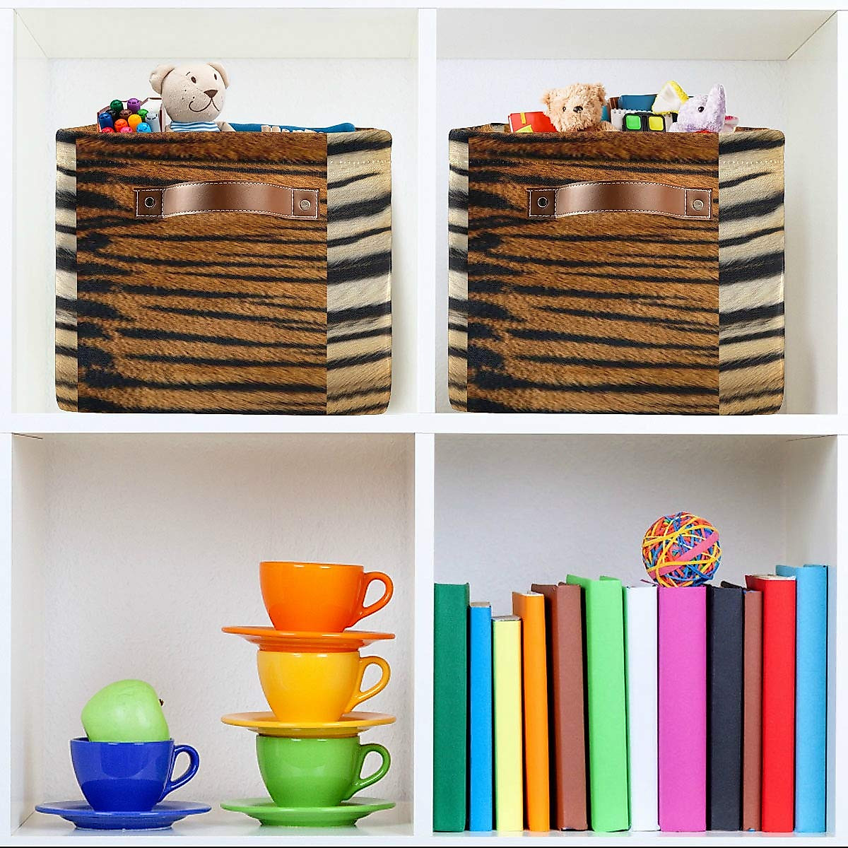 Animal Tiger Leopard Print Storage Basket Bin Large Fabric Toys Storage Cube Box with Handles Collapsible Closet Shelf Cloth Organizer Basket for Nursery Bedroom