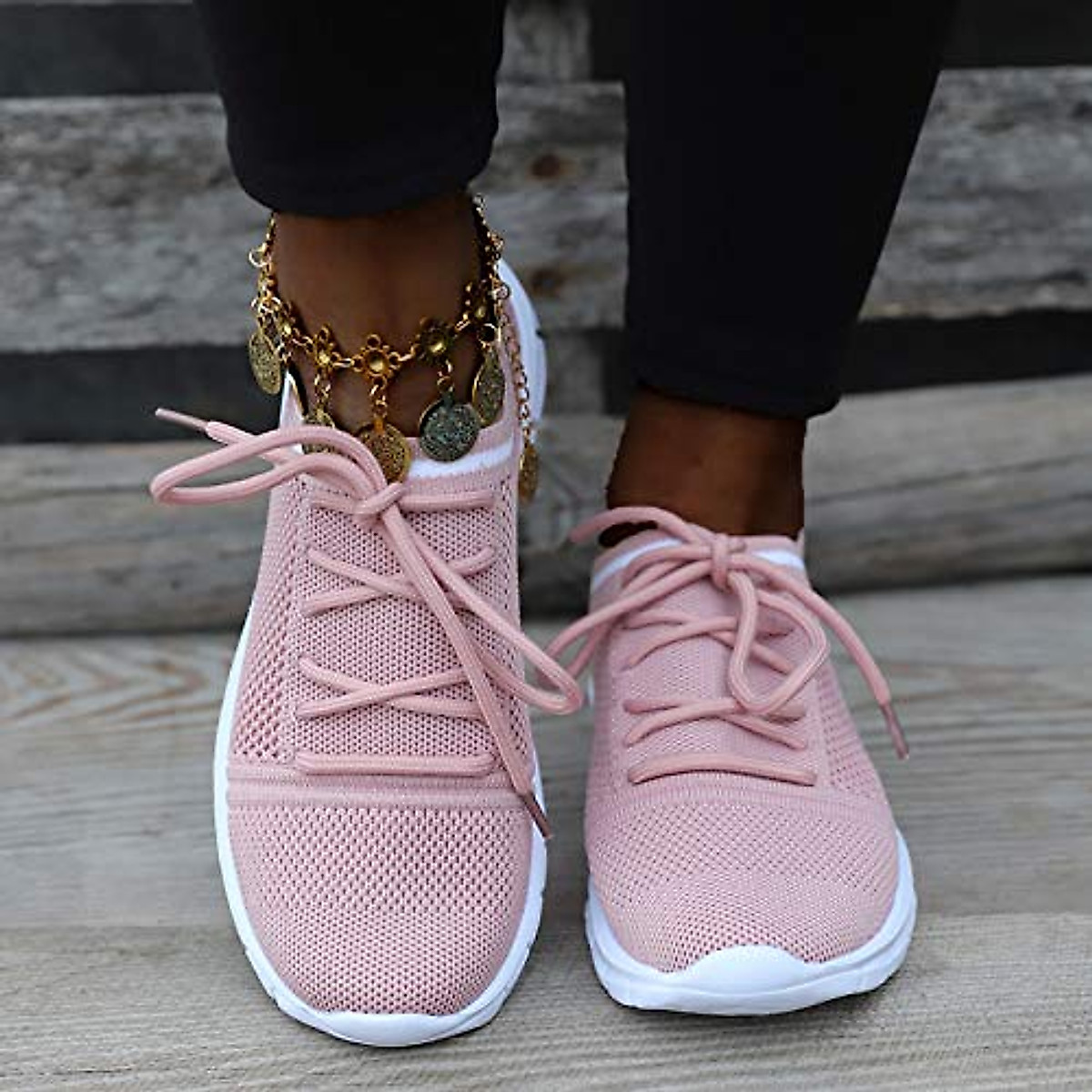 justHIGH Women's Athletic Road Running Mesh Breathable Casual Sneakers Lace Up Comfort Sports Student Fashion Tennis Shoes Pink