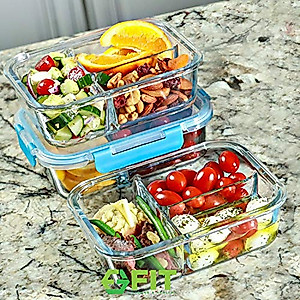 FIT Strong & Healthy 3 Compartment Glass Meal Prep Containers (3 Pack, 32 oz) - Glass Food Storage Containers with Lids, Glass Lunch Box, Glass Bento Box Lunch Containers, Portion Control, Airtight