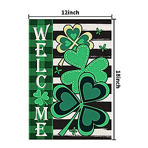 Welcome St Patricks Day Garden Flag 12x18 Inch Burlap Double Sided Green Shamrock Sign Small Flag Lucky Clover Yard Outdoor Decor DF253