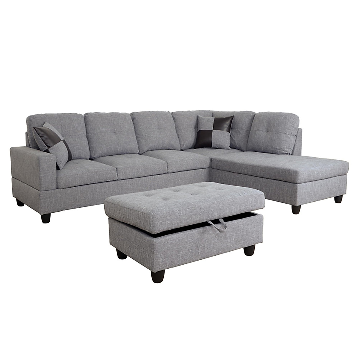 NOTOP 3-Piece Linen Leather L-Shaped Sectional Sofas, Button Tufted Upholstered Couch Set with Left Chaise Longue and Storage Ottoman, for Living Room, Home, Office, Grey