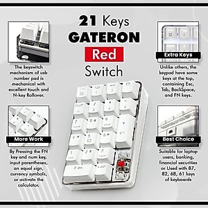 Qisan Mechanical Numeric Keypad GATERON Red Switch Wired Crystal Case White Backlit Gaming Keypad 21 Keys Mini Numpad Portable Mechanical Numpad Extended | Laptop Accessories | keypad for Computer