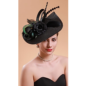Cizoe Tea Party Hats Fascinators for Women Kentucky Derby Headpiece Peacock Feather Wedding Headware Bridal Headpiece(Black)