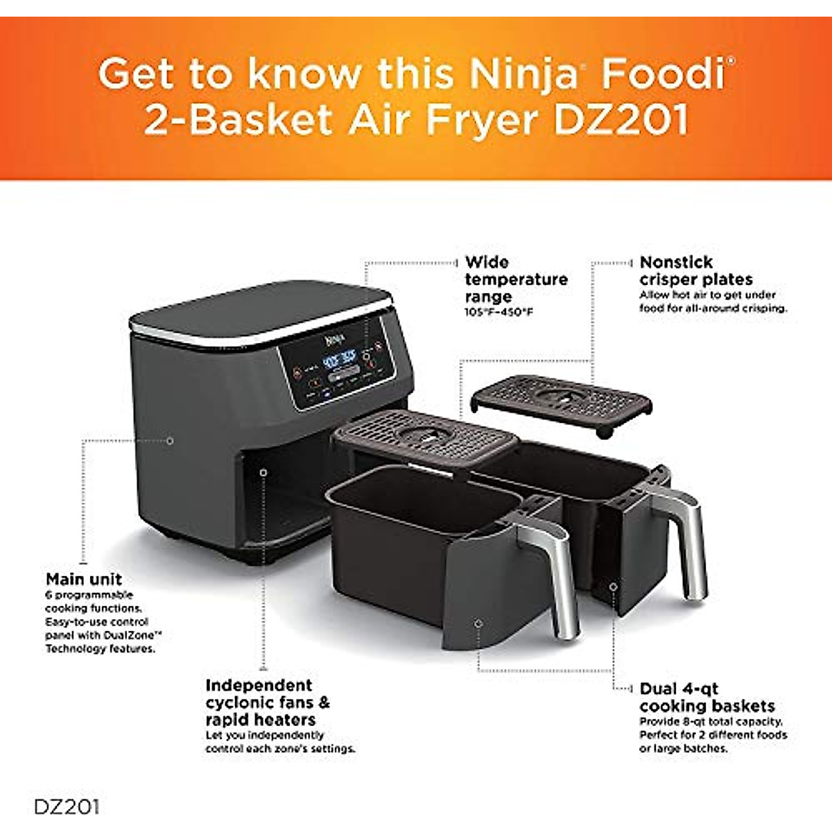 Ninja DZ100 Foodi 4-in-1, 8-qt, 2-Basket Air Fryer with DualZone Technology, Renewed, DZ201, Ninja DZ201-- 8-Quart