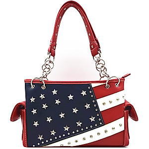American Flag USA Stars and Stripes Patriotic Leather Purse Women Rhinestone Country Handbag Wallet Set Red White and Blue (#1 Red Set)