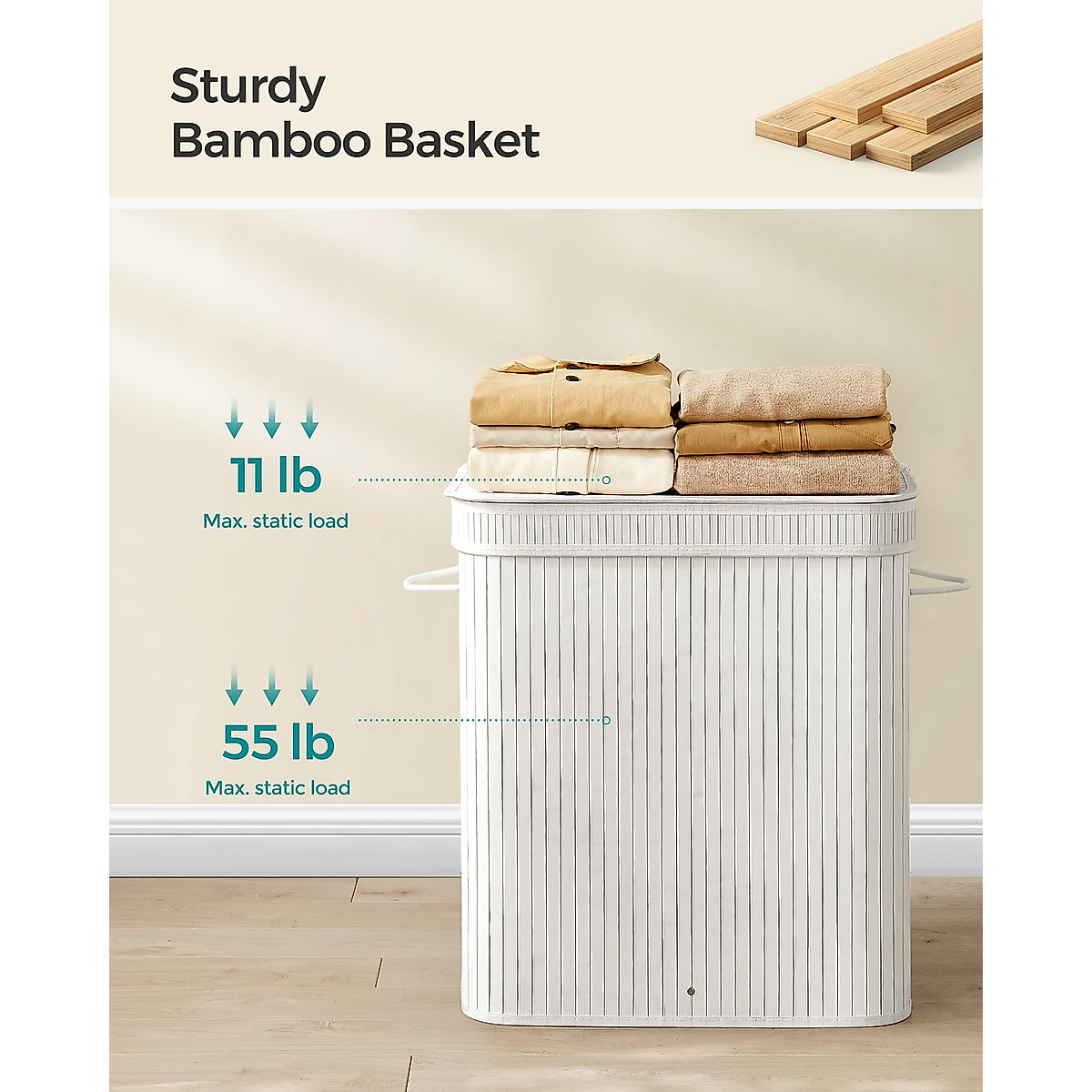 SONGMICS Laundry Hamper with Lid, Bamboo Laundry Basket, Removable Machine Washable Laundry Basket, with Handles, 26.4-Gallons, for Laundry Room, Bedroom, Bathroom, Cloud White ULCB063W01
