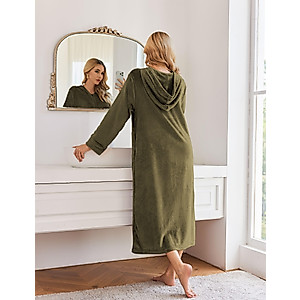 Ekouaer Womens Long Zipper Robes Casual Luxury Fleece Robes Winter Soft Comfy Sleep Robe Army Green L