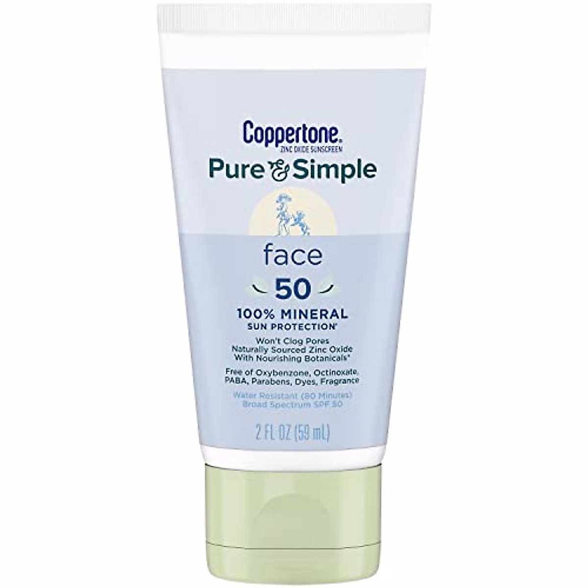 Coppertone Pure & Simple For Face SPF 50 Sunscreen Lotion, Zinc Oxide Mineral Sunscreen Lotion, Water Resistant, Hypoallergenic, Travel Size 2 Ounce