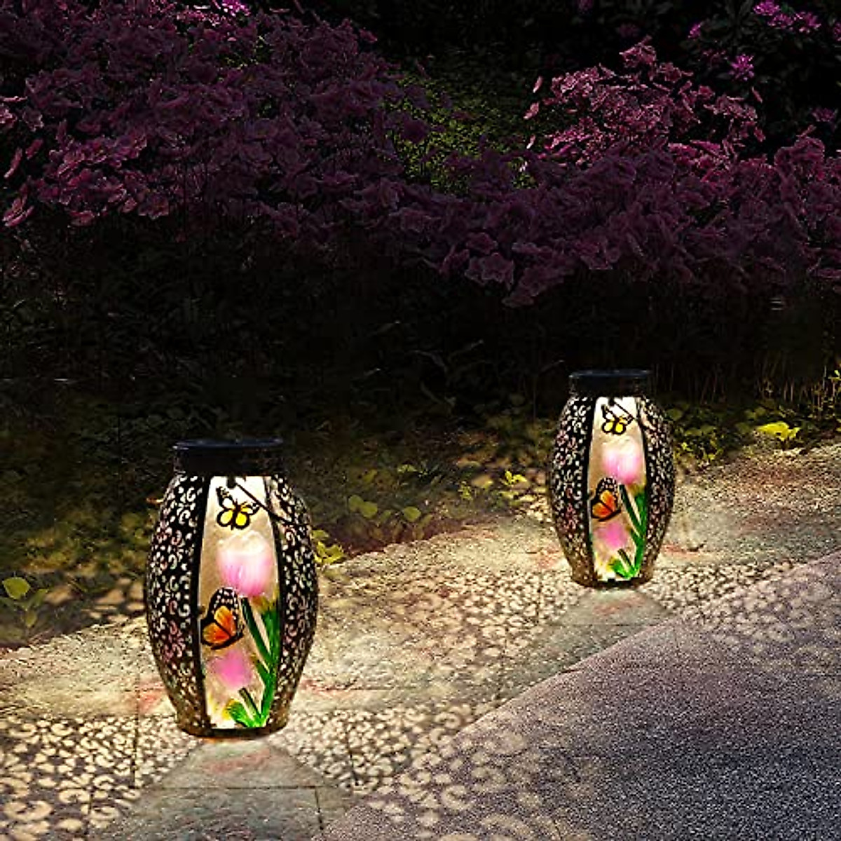 Outdoor Solar Lantern-Waterproof Butterfly Hanging Metal Decorative Lights for Patio Table Garden Pathway Yard with Super Bright Warm White LED, Large Solar Panels, Auto On/Off Light
