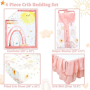 CARUILI Crib Bedding Set for Girls, 4-Piece Pink Baby Crib Bedding Set, Rainbow Crib Sets Includes Comforter, Fitted Crib Sheet, Crib Skirt, and Diaper Stacker