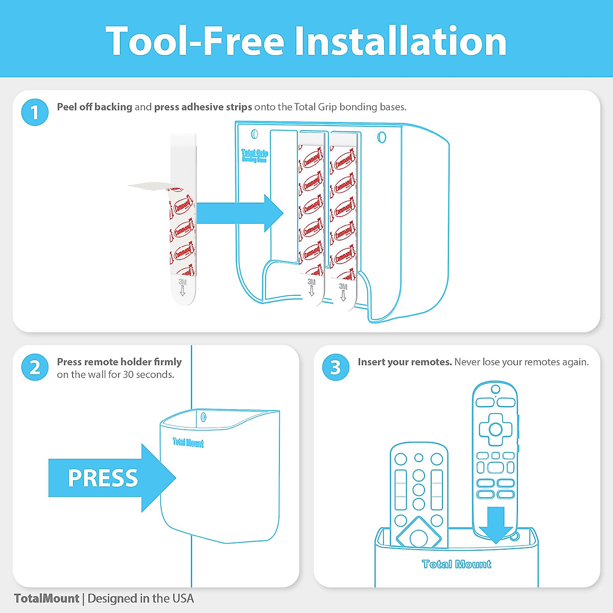 TotalMount Hole-Free Remote Holder – Eliminates Need to Drill Holes in Your Wall (for 2 or 3 Remote Controls – White – Quantity 1)