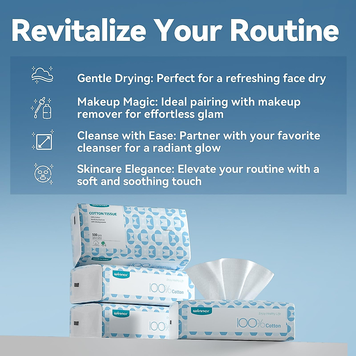 Winner Soft Face Towels - 100% USA Cotton Dry Wipes, 600 Count Unscented Cotton Tissues for Sensitive Skin, OEKO-TEX Certified Face Towelettes Disposable, Makeup Remover Facial Towels, 6 Pack