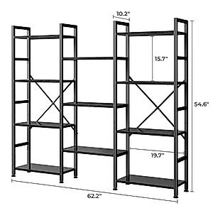 SUPERJARE Triple 5 Tier Bookshelf, Bookcase with 14 Open Display Shelves, Ladder Bookshelf, Wide Book Shelf Book Case with Steel Frame, Wood Board, for Home & Office, Dark Brown