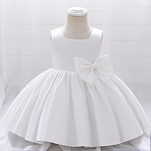 Flower Girls Bowknot Tutu Dress for Kids Baby Wedding Bridesmaid Birthday Party Pageant Formal Dresses Toddler Little Princess First Communion Baptism Christening Dance Prom Gown White 2-3 Years