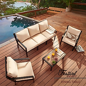 Festival Depot Patio Coffee Table Metal Table with Wood Grain Top Outdoor Furniture for Porch Garden (Rectangle)