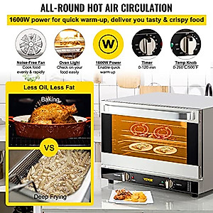 VEVOR Commercial Convection Oven, 47L/43Qt, Half-Size Conventional Oven Countertop, 1600W 4-Tier Toaster w/Front Glass Door, Electric Baking Oven w/Trays Wire Racks Clip Gloves, 120V