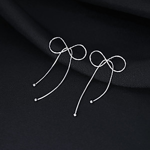 Reffeer Solid 925 Sterling Silver Bow Drop Earrings Dangle for Women Teen Girls Bowknot Dangle Earrings Studs (A-Silver)