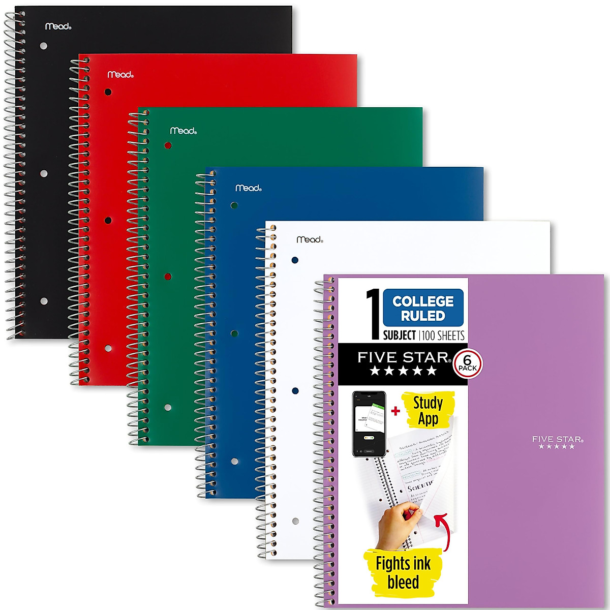 Five Star Spiral Notebooks with Pockets Plus Study App, 6 Pack, 1-Subject, College Ruled Paper, 11” x 8-1/2", 100 Sheets, Assorted Colors (38052)