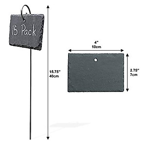 LSP - Products 15 Pack Plant Label Markers, Natural Slate Hanging Garden Markers with 15 Stainless Steel Rods and 2 Pack Soapstone Chalk for Labelling of Plants, Herbs, & Vegetables