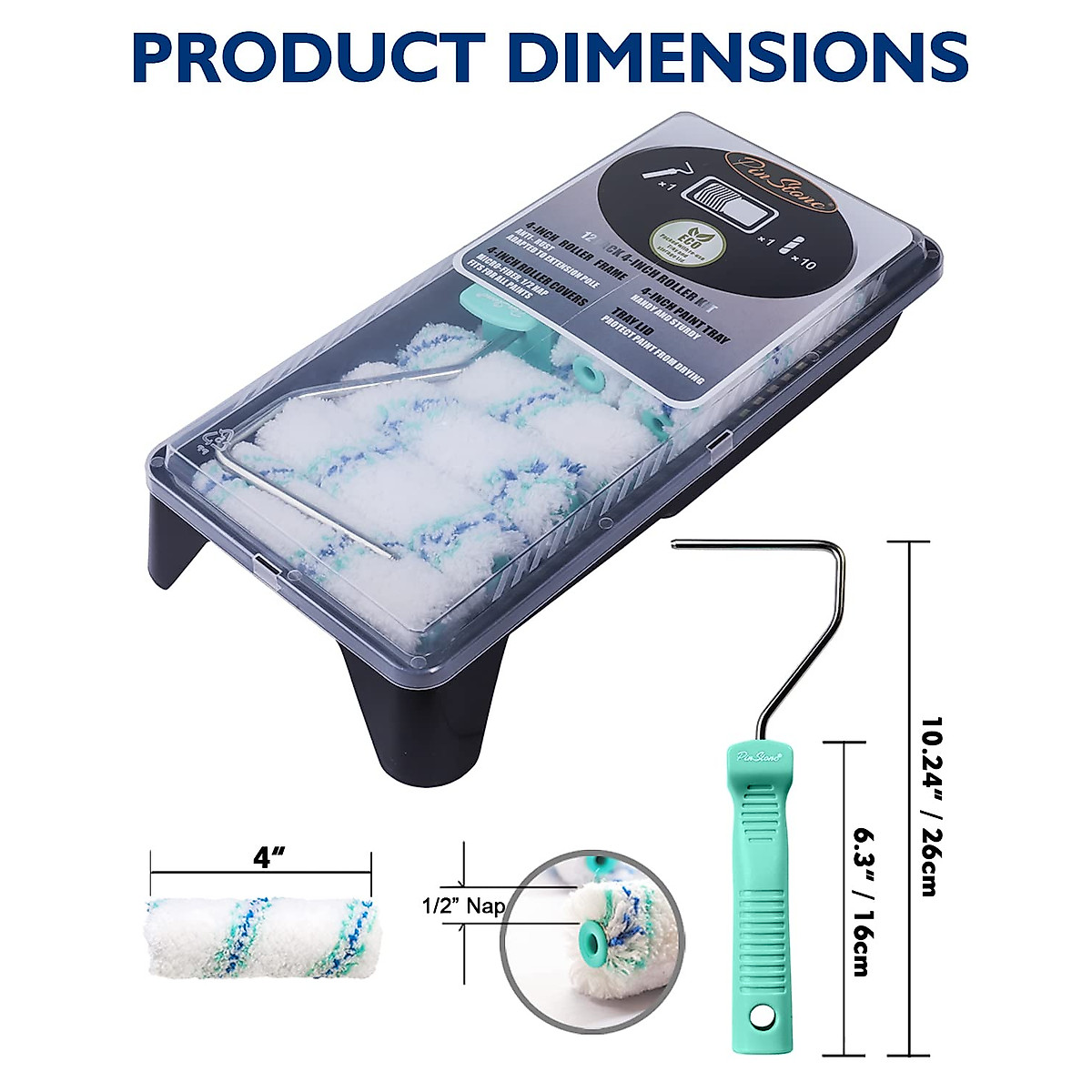 4 inch Small Paint Roller Tray Set, PinStone 12pcs 4" Mini Paint Roller with Extension Threads, 10 Microfiber Covers & Paint Preservation Tray Lid, Mini Rollers for Painting Walls, Cabinets, Touch-ups