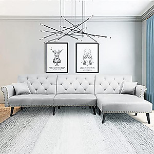 NOSGA Sofa Bed, Velvet Sectional Couch Convertible 115 L-Shape Sofa Bed Sleeper Reversible Chaise with 2 Pillows Adjustable Back for Living Room and Small Space (Gray)