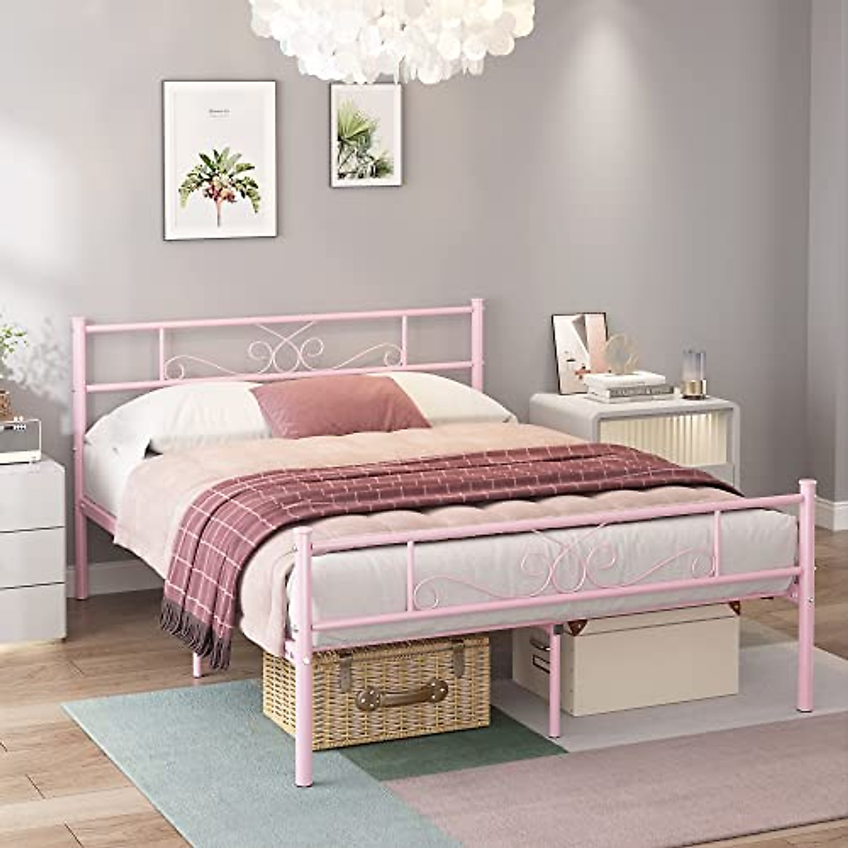 Weehom Full Size Bed Frame with Headboard and Footboard Under Bed Storage Steel Slat Support Metal Bed No Box Spring Needed Easy to Assembly,Pink
