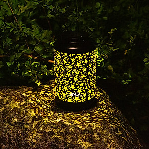 CASLONEE Outdoor Solar Lanterns Hanging Garden Lights Porch Decoration Warm White Lantern Hollow Out LED Lights Solar Powered Tabletop Lamp (1 Pack)