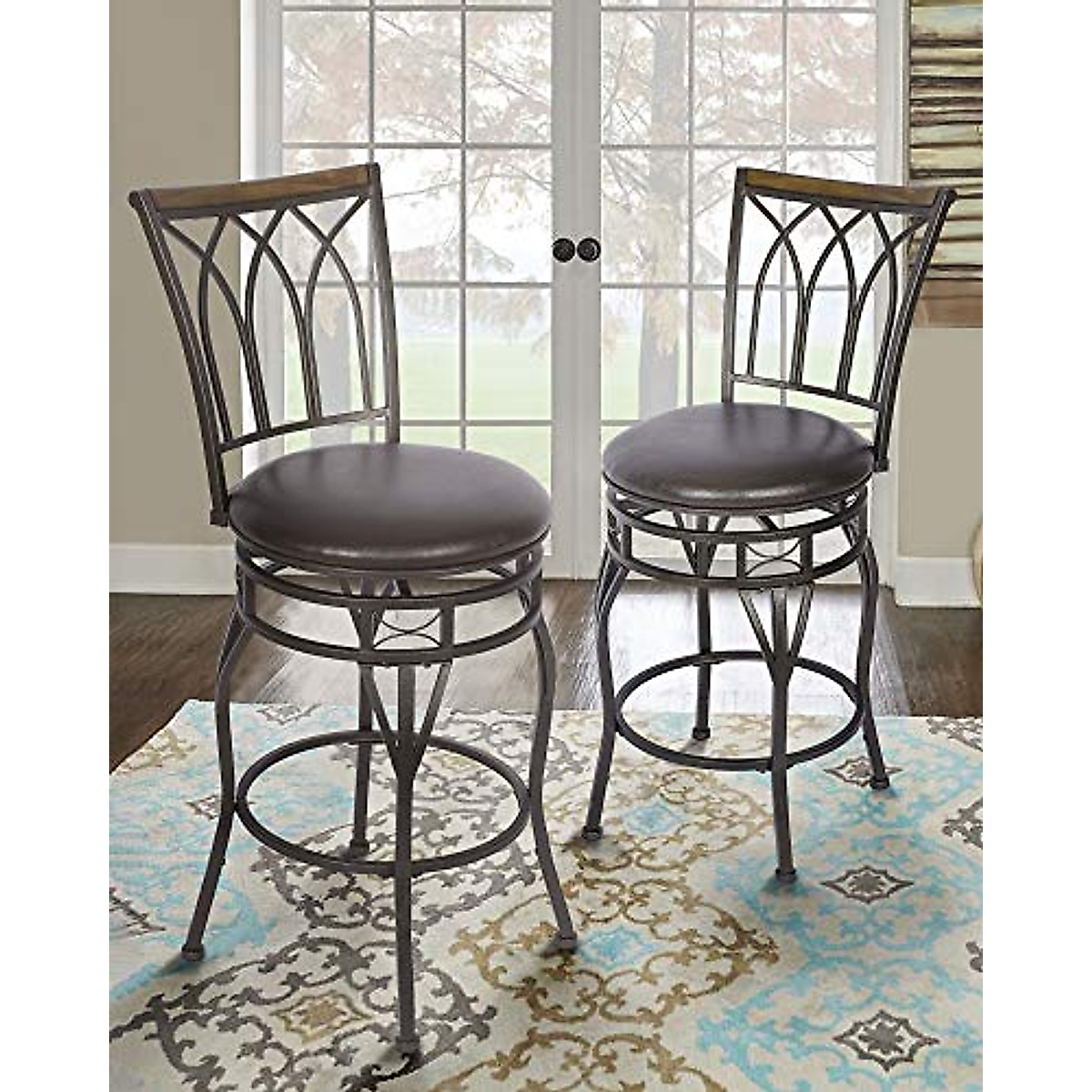 KATDANS Swivel Bar Stools Set of 2, 24-29 Inch Adjustable Seat Height Bar Stool with Back, Brown Leather Kitchen Island Stools for Pub, Bistro, Restaurant, Brown Seat-Black Metal Frame, KS902P