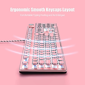 TISHLED Pink Typewriter Style Mechanical Gaming Keyboard White LED Backlit, 104-Key Anti-Ghosting Blue Switch Retro Steampunk Round Keycap Multifunction Knob Metal Panel Wired USB for PC, Mac, Laptop