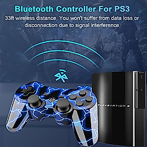 Blue Wireless Remote Works for PS3 Controller, OUBNAG Gamepad for PS3 Controllers Compatible with Playstation 3 Controller, Cool Lightning Pa3 Controller Gift for Kids Boy Girl Man Lightning Blue