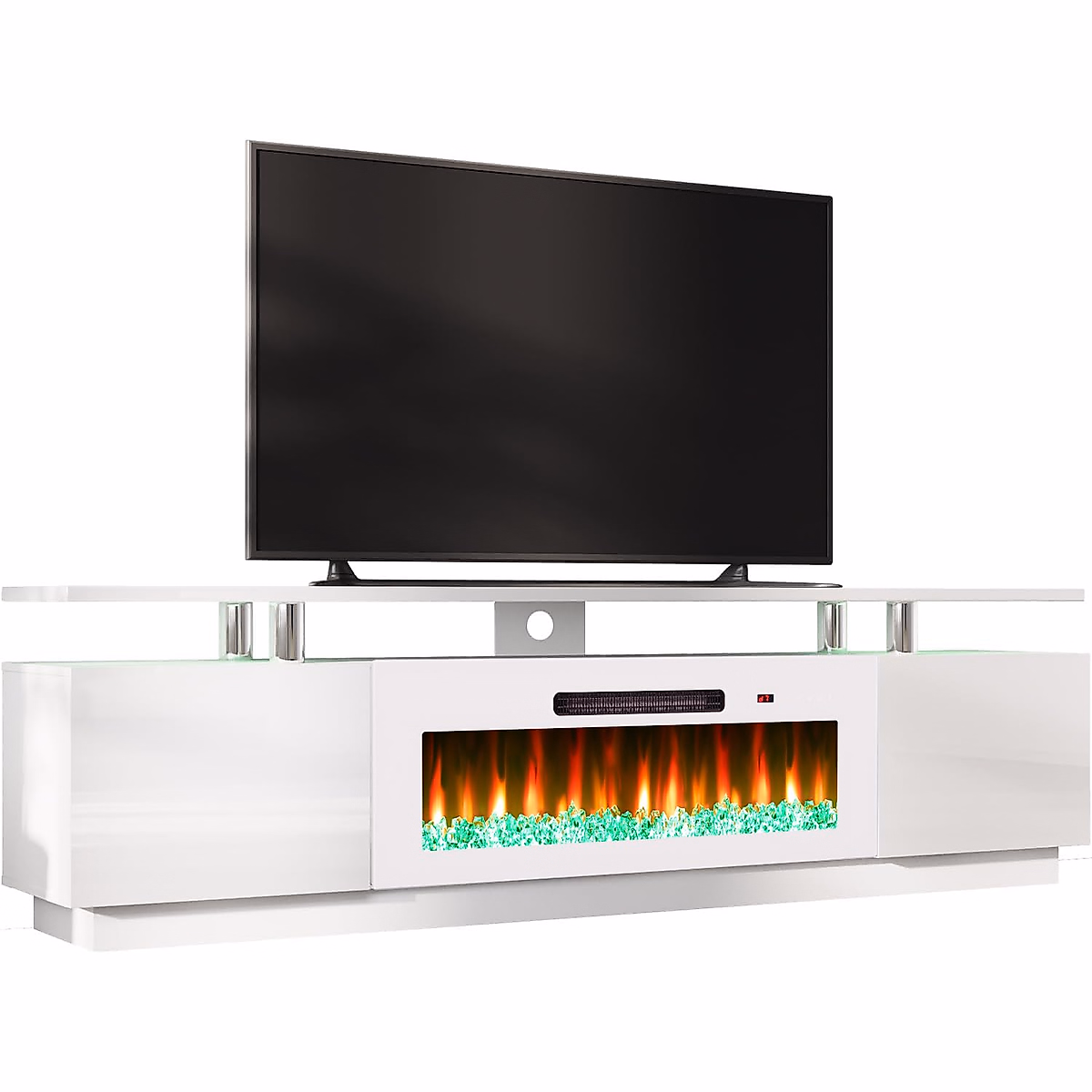 AMERLIFE Fireplace TV Stand with 40" Fireplace, 80" Modern High Gloss Fireplace Entertainment Center LED Lights, 2 Tier TV Console Cabinet for TVs Up to 90", White & White