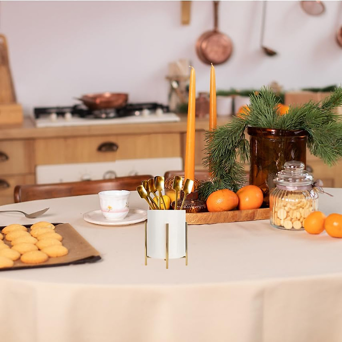 SIEBOLD Gold pencil cup Sturdy metal frame with white ceramic pen holder For desks and kitchen appliance holders(1set 4.6 - 3.14'')