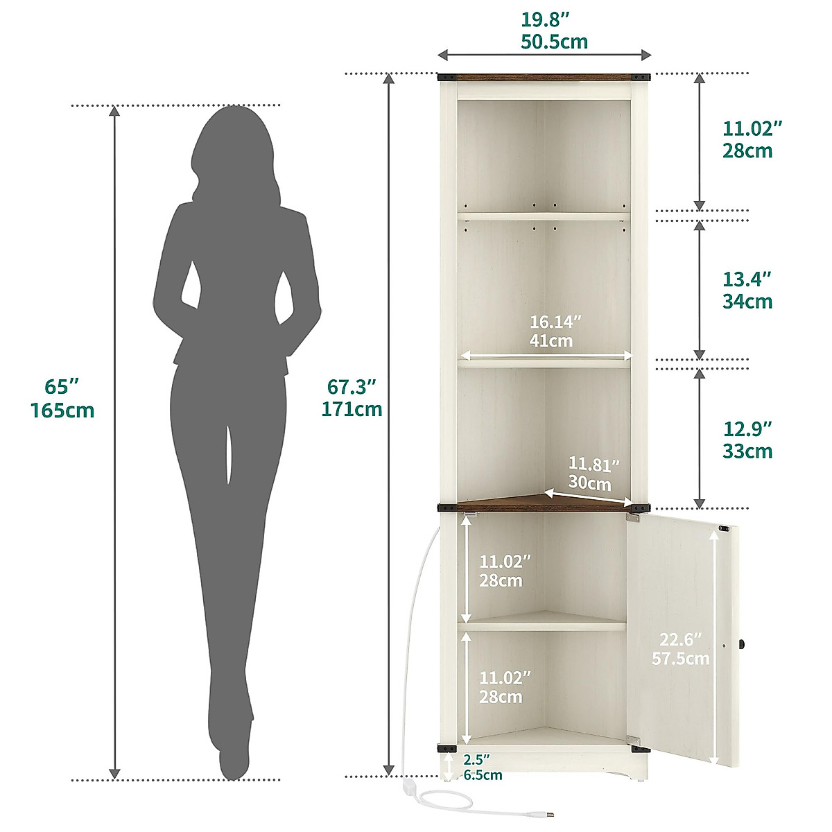 YITAHOME Corner Storage Cabinet with LED Light, Farmhouse Tall Corner Cabinet with Barn Door Design & Adjustable Shelf, Home Space Saver for Bathroom/Living Room/Laundry Room, White