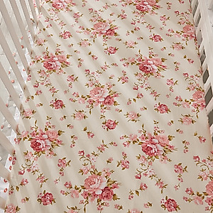 Brandream Crib Bedding Sets for Girls Baby Nursery Bedding Set Crib Comforter Set 100% Cotton - 6Pcs, Beige Farmhouse Country Flower Botanical Blossom Style Lace Crib Bed Skirt Set